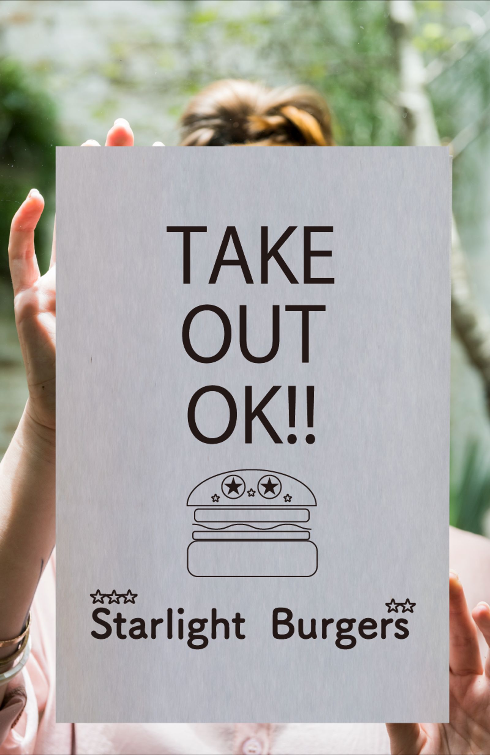 Starlight Burgers. ロゴ・TAKE OUT OK！